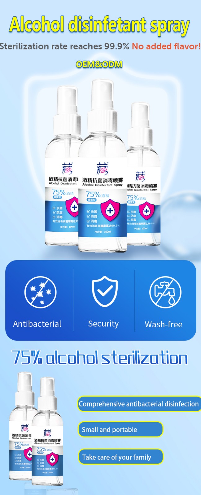 Private Label 100ml 75% portable waterless hand sanitizers